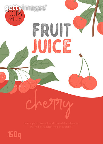 Fresh cherry juice card design. Sweet cherry berry on branch with ...