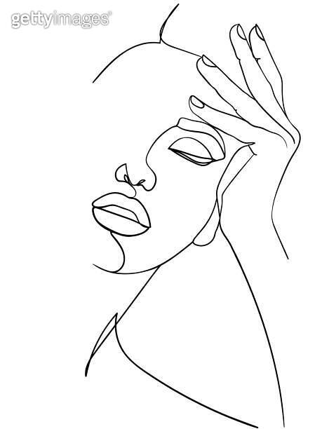 Minimal line art woman with hand on face. Black Lines Drawing. - Vector ...