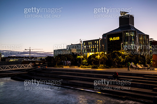 Night view of ASB building in Viaduct Harbour in Auckland, New Zealand ...