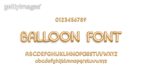 Inflated gold foil balloon font with alphabet and numbers, isolated ...