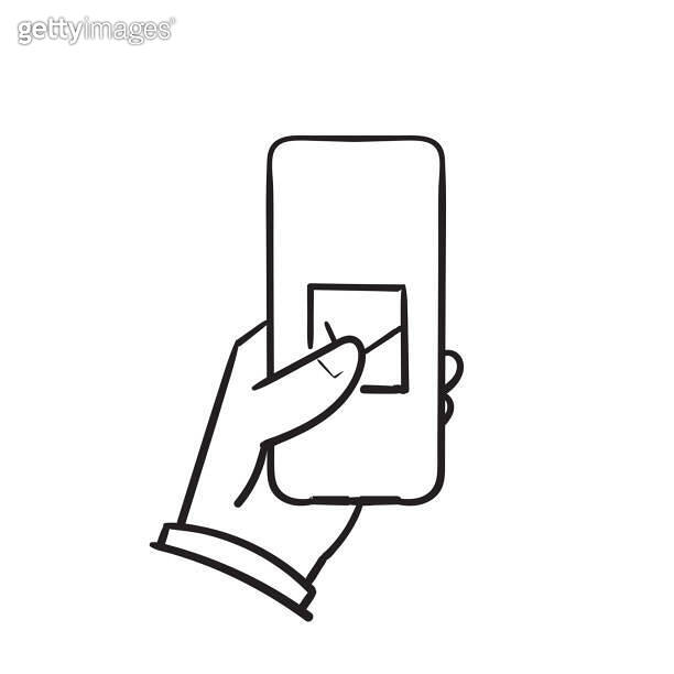 hand drawn doodle finger choosing and tap button on screen illustration ...