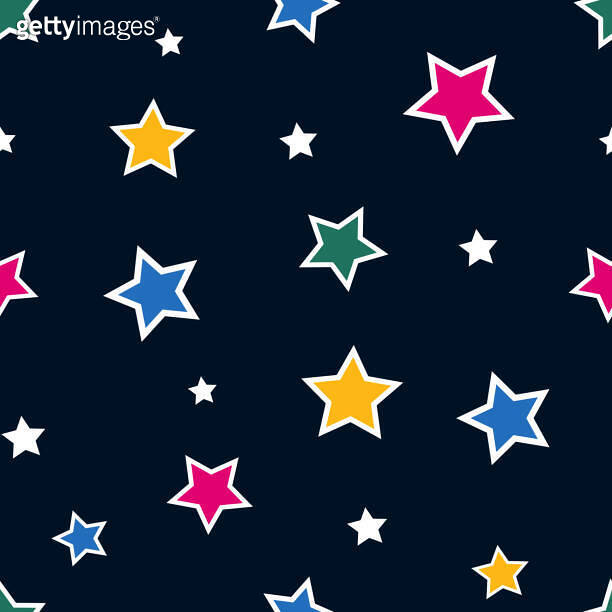 Abstract seamless pattern tile with bright colorful stars on dark blue ...