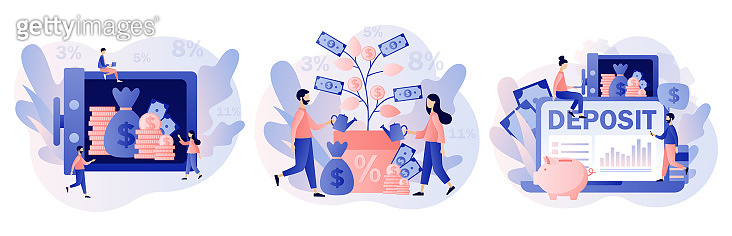 Deposit concept. Longterm money saving finance. Tiny people put money ...