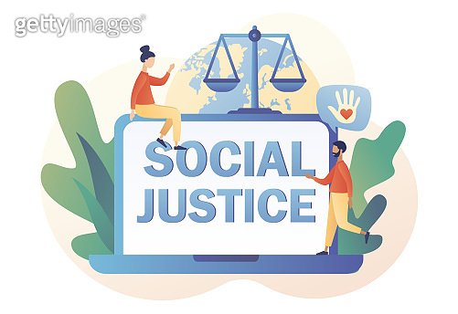 Social justice - text on laptop screen. Human rights concept. Tiny people for tolerance and ...