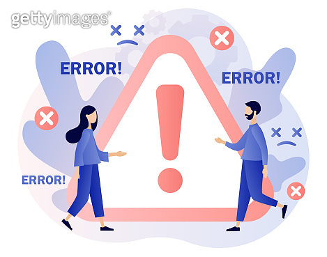 Error message big sign. Tiny people and operating system error warning ...