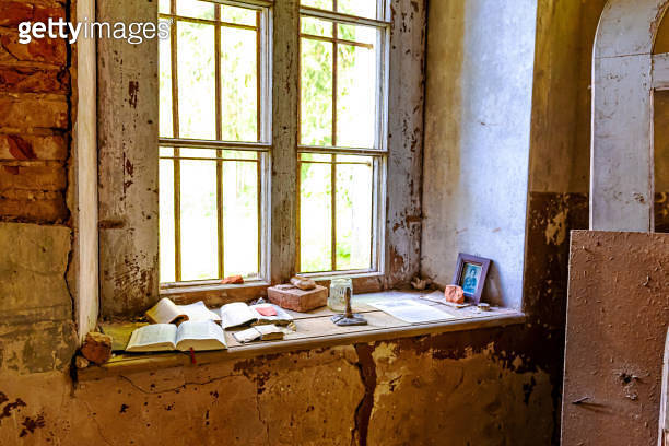 inside interior of an old abandoned church in Latvia, Galgauska, icon ...