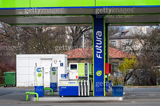 Gas filling point with payment terminal of Neste fuel station, Neste is ...