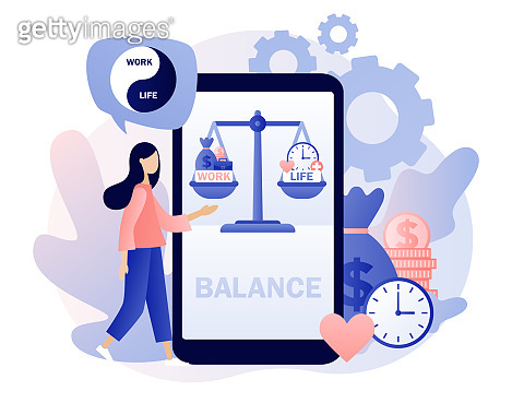 Scales on smartphone screen as symbol of work and life balance. Tiny ...