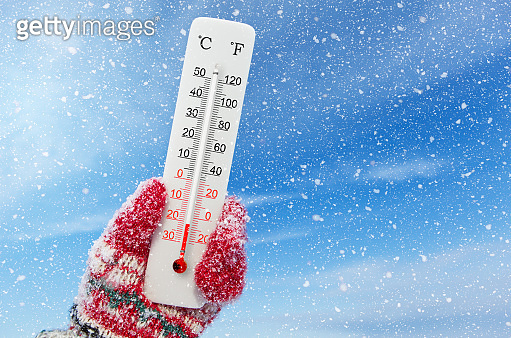 White celsius and fahrenheit scale thermometer in hand. Ambient ...
