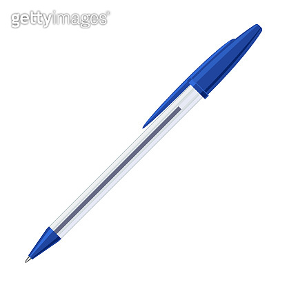 Common blue ballpoint pen in transparent plastic case with cap. Vector ...
