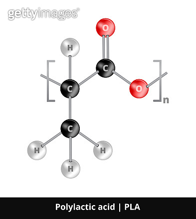 Vector ball-and-stick model of thermoplastic polymer polylactic acid or ...