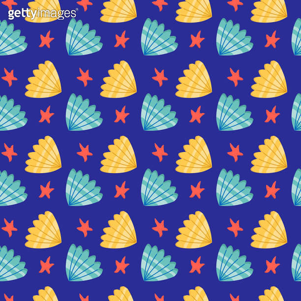 Pattern with yellow and blue seashells. Print on a blue background. 이미지 ...