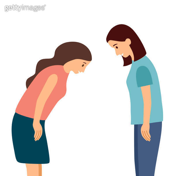 Two female bowing head and greeting. Thankful or respect expression ...