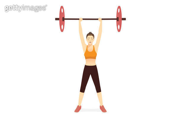 Women doing barbell overhead press exercise in standing pose ...