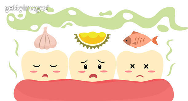 Dirty teeth cartoon character with smelly food as garlic, durian and ...