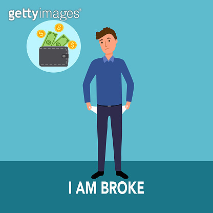 Businessman with no money in his pocket in flat design. Money broke ...