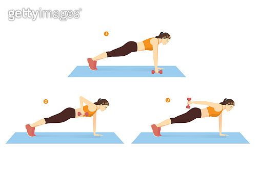 Woman doing Plank Row and Kickback Exercise with dumbbell on mat in 3 ...