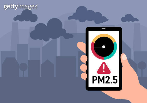 PM2.5 air pollution alert meter on smartphone app device in flat design. 이미지 (1354554269) - 게티이미지뱅크