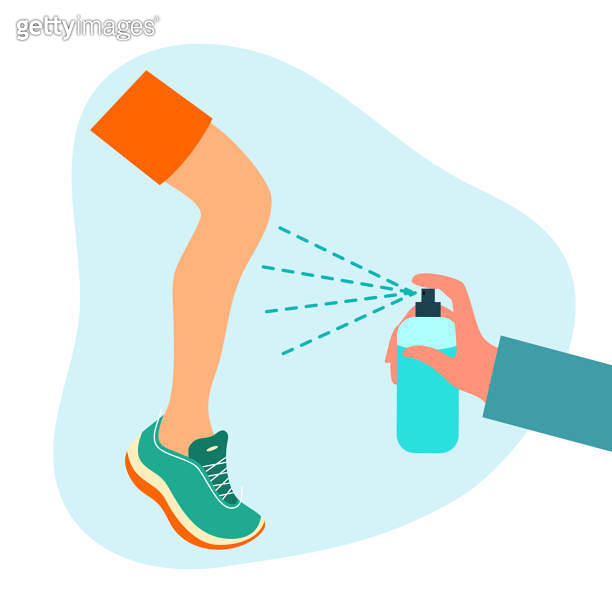 Leg spray therapy. Spraying on athletes leg to relief pain. Muscle ...