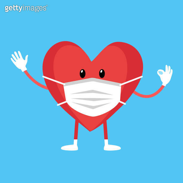 Red heart wearing medical face mask cartoon character with okay hand ...