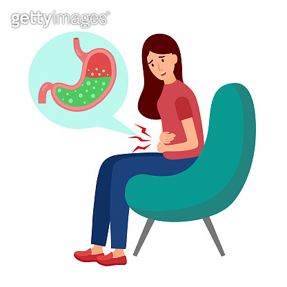Woman feel pain in stomach vector illustration. Stomach acid reflux disease and digestive system ...
