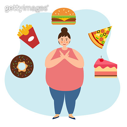 Fat woman dieting refuse junk food and sweet dessert in flat design ...