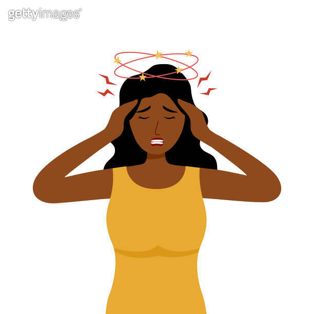 Sick African woman having dizzy symptom in flat design on white ...
