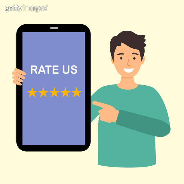 Man advertising rate app for mobile. Rate us, feedback, customer review ...