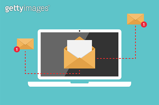 Sending and receiving email. Flat vector illustration of computer and ...