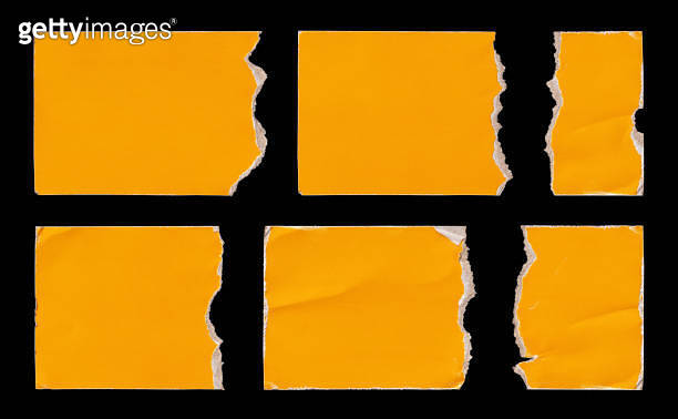 Set of Yellow Torn Ripped Paper Pieces Edges Cards isolated on Black ...