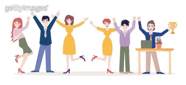 Team celebrates success. Successful working colleagues with prize ...