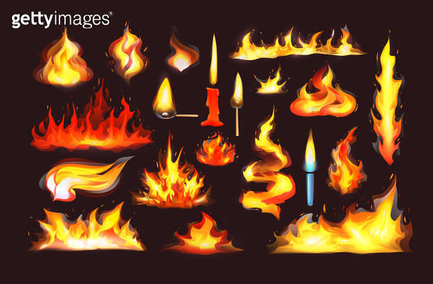 Realistic fire flames set. Red burning fire flame and orange hot ...
