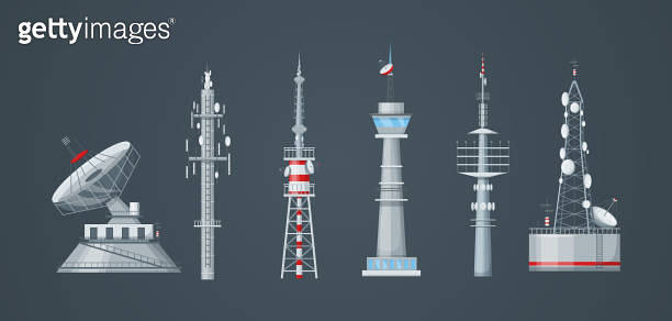 Communication towers set. Radio wireless masts and telecommunication towers, radio tv antenna ...