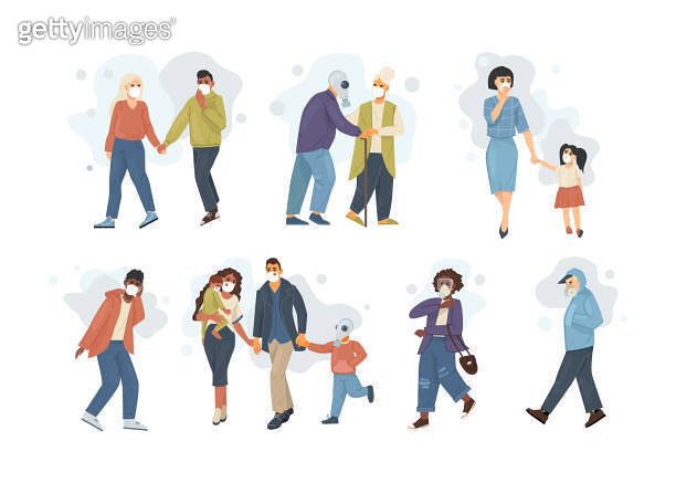 Group people character choking on dust wearing protective face masks ...
