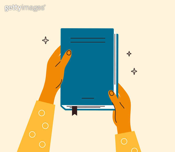 Vector illustration of human hands holding closed book or textbook with ...