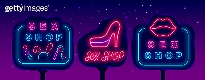 Sex Shop Neon Emblems On Street Banner Neon Lettering Adult Toys