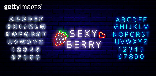 Sex Shop Flyer With Neon Sexy Berry Sign Text With Alphabet Editable Stroke Isolated Vector