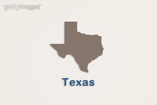 Map of Texas in brown and the name of state Texas in blue, beneath the ...