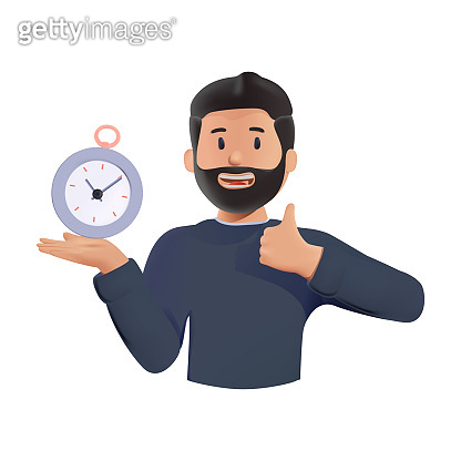 Young man, businessman standing, smiling, pointing to timer. Time set ...