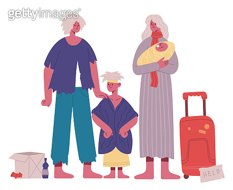 Homeless family. Poor, hungry and dirty father, mother and kids ...