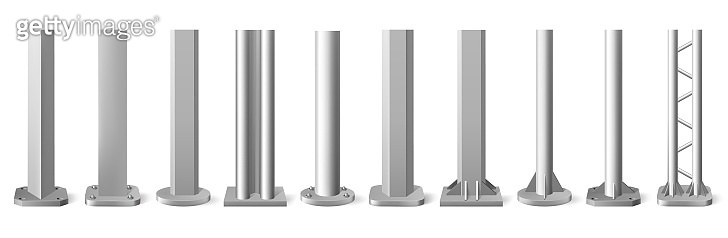 Realistic metal poles. Silver metal vertical pillars, glossy aluminum ...