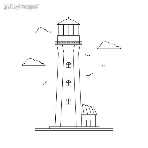 Line art vector of lighthouse building with natural landscape. Linear ...