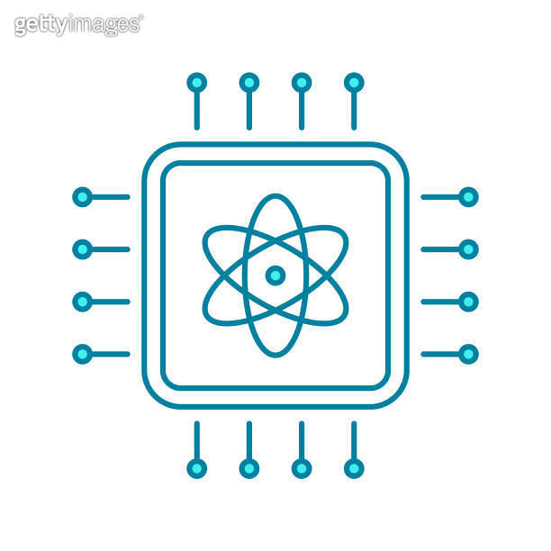 Quantum computing line icon. Blue semiconductor chip with atom symbol ...