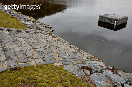 pond sluice, water reservoirs with regulation and concrete dam shaft ...