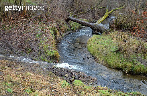 flooded stream led to a narrow riverbed where the water drains quickly ...