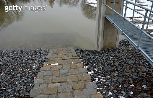 pond sluice, water reservoirs with regulation and concrete dam shaft ...