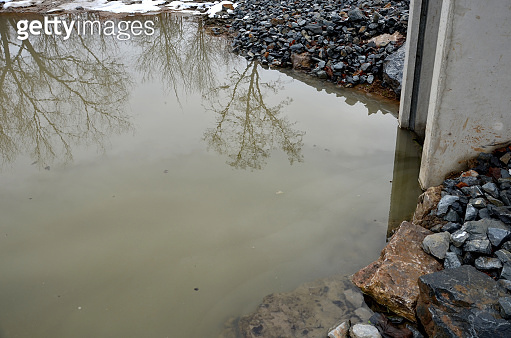 pond sluice, water reservoirs with regulation and concrete dam shaft ...