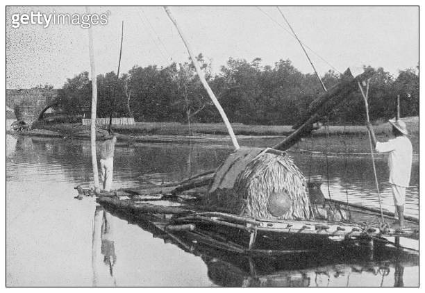 Antique black and white photograph: Bamboo raft, Pasig river ... Antique black and white photograph: Bamboo raft, Pasig river ...