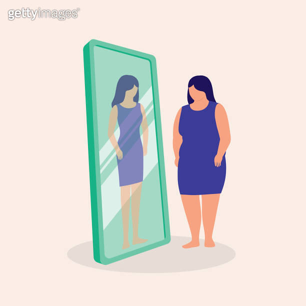 Young Fat Woman Imagine Having Her Slim Body Over The Reflection In The ...