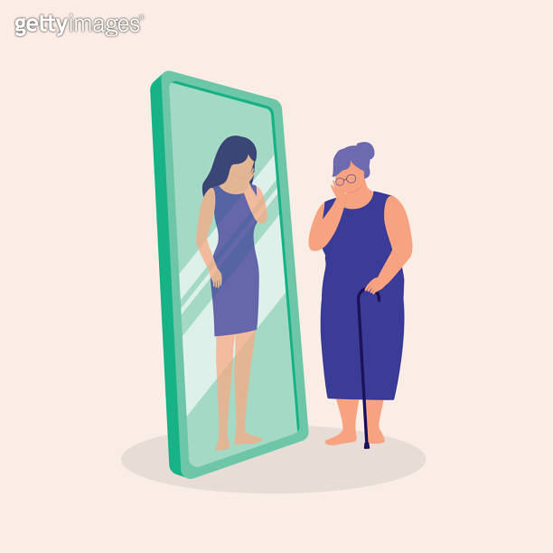 Sad Old Woman Looking At The Mirror Wishing Helfself Getting Younger ...